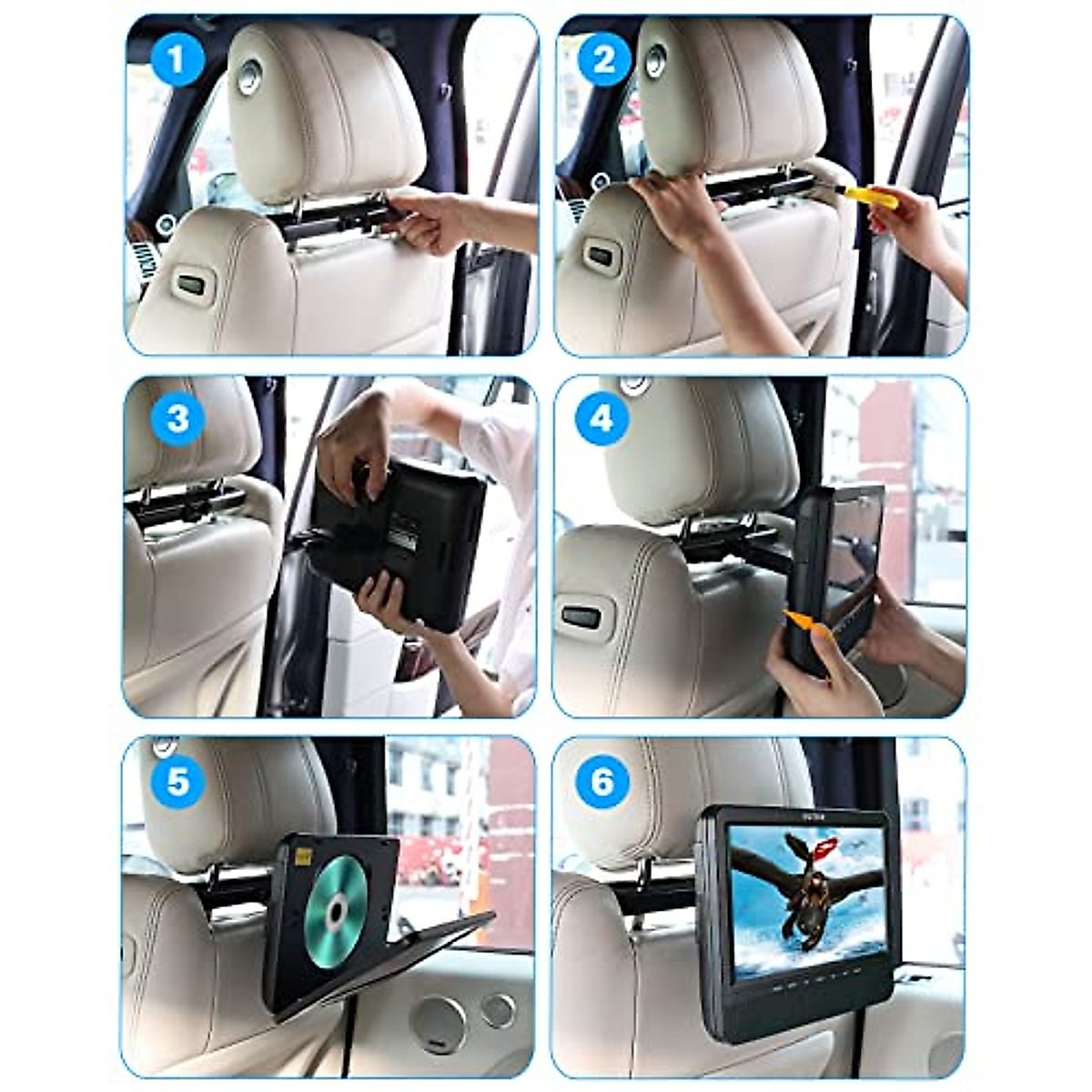 WONNIE 10.5'' Car Dual DVD Player, Headrest Video Players Portable with 5 Hours Rechargeable Battery,Two Mounting Brackets,Support USB/SD/Sync TV,Last Memory,AV Out &in ( 1 Player+1 Monitor )