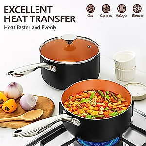MICHELANGELO Saucepans, 1QT & 3QT Copper Saucepan Set With Non-stick Ceramic Interior For Multipurpose Use, Nonstick Saucepan With Lid, Copper Small Pots 1 Quart & 3 Quart