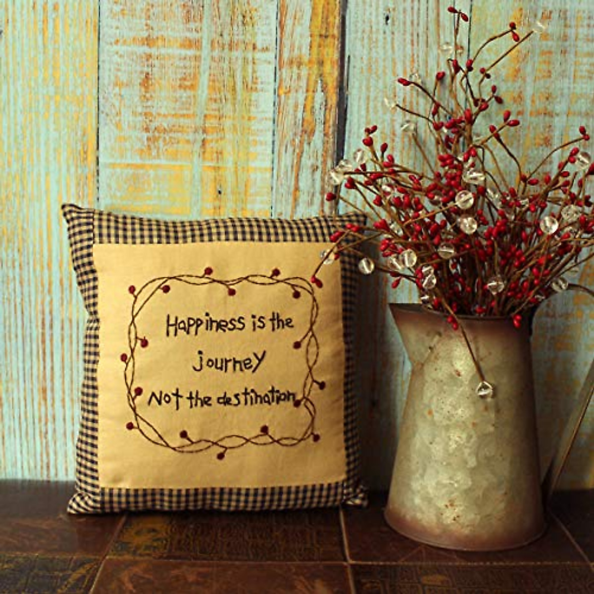 CVHOMEDECO. Rustic “Happiness is The Journey not The Destination” Embroidered Throw Pillow with Berry Vine Decorative Accent. 10 x 10 Inch