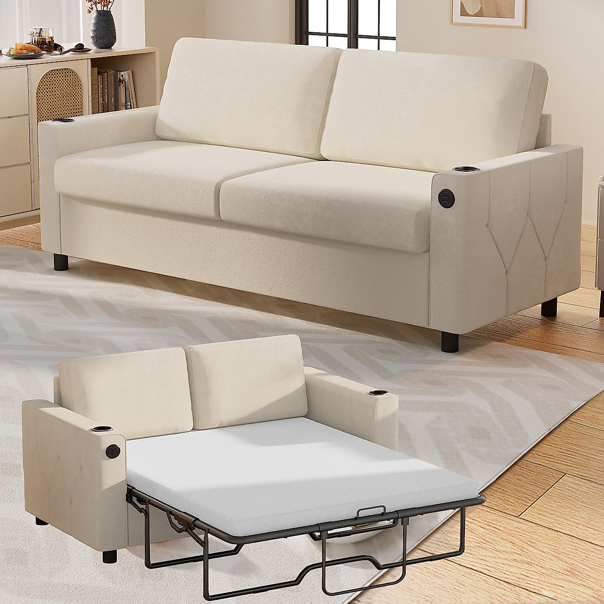 Mjkone Pull Out Sofa Bed, 2-in-1 Convertible Sleeper Sofa Couch with Cup Holders and Memory Foam Mattress,Two Seat Loveseat Sleeper Sofa Bed for Living Room Apartment Small Space, Beige, Full Size