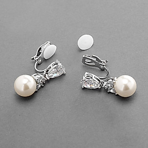 Mariell Pearl Drop Bridal Clip-On Earrings with CZ Crystal For Brides, Weddings, Prom, Birthday Gift