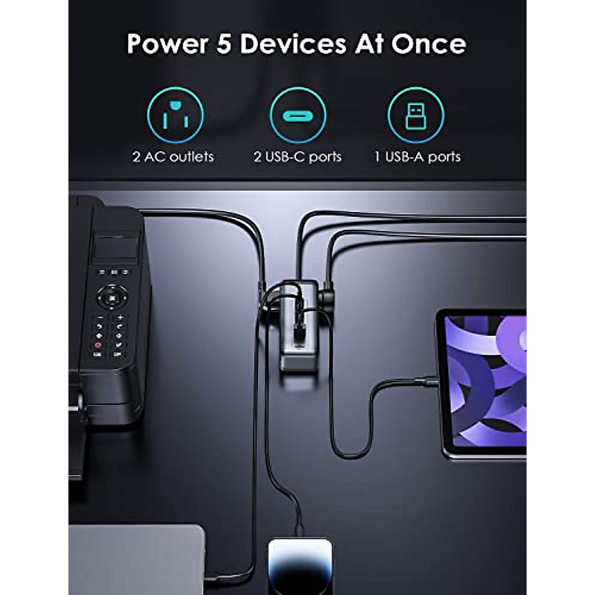 USB C Charger, oraimo 65W GaN Charging Station with 2 Outlets Extender, 5ft Extension Cord & 60W Type C Cable for MacBook Pro, iPhone, Galaxy, Pixel, Desktop Accessory for Home, Office Supplies