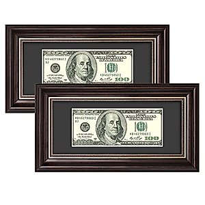 AUEAR, Dollar Bill Frame with Black Mat or 4x9 Business License Holder Without Mat, Easel Stand/Wall Mount, Tempered Glass (Dark Brown with Black Mat, 2-Pack)