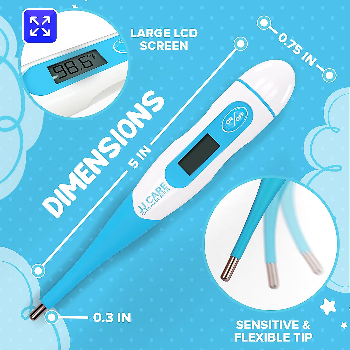 JJ CARE Oral Thermometer with LCD Display, Calibrated Oral Thermometer for Babies and Adults, 10 Seconds Fast Reading Oral Digital Thermometer for Fever with 10 Disposable Covers