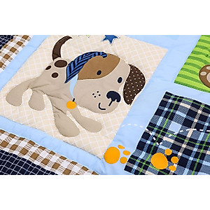 3 PCs Blue Sports Theme Nursery Crib Bedding Set Baby Boy Embroidery Puppy Sport Themed Baby Boy Cot Bedding Set 1 Quilt 1 Fitted Sheet 1 Diaper Storage Bag