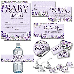 Amanda Creation Watercolor Violet Floral Baby Shower Party Bundle Includes 20 each of Invitations with Envelopes + 4 Different Sizes of Decorative Stickers, Diaper Tickets & Bring a Book Cards