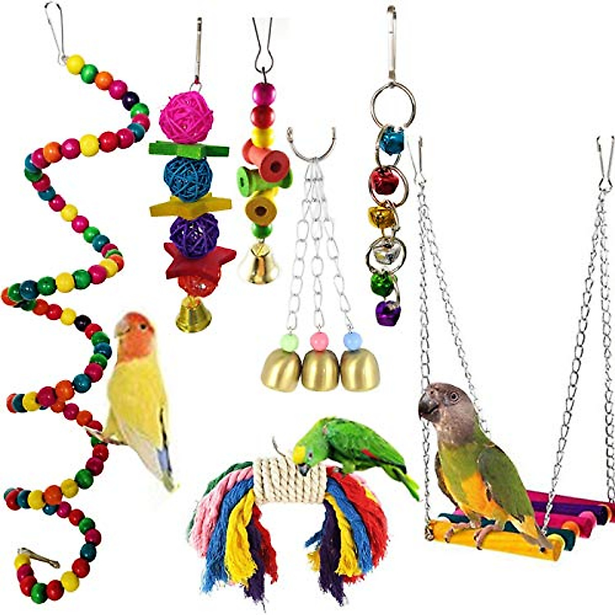 HOMEJIA Bird Chew Toys 7pcs Pet Birds Cage Toys Bird Rope Bird Swing Climbing Standing Toys Suitable for Small Parakeets, Cockatiel, Budgies Conure, Macaws, Parrots, Love Birds, Mynah, Finches