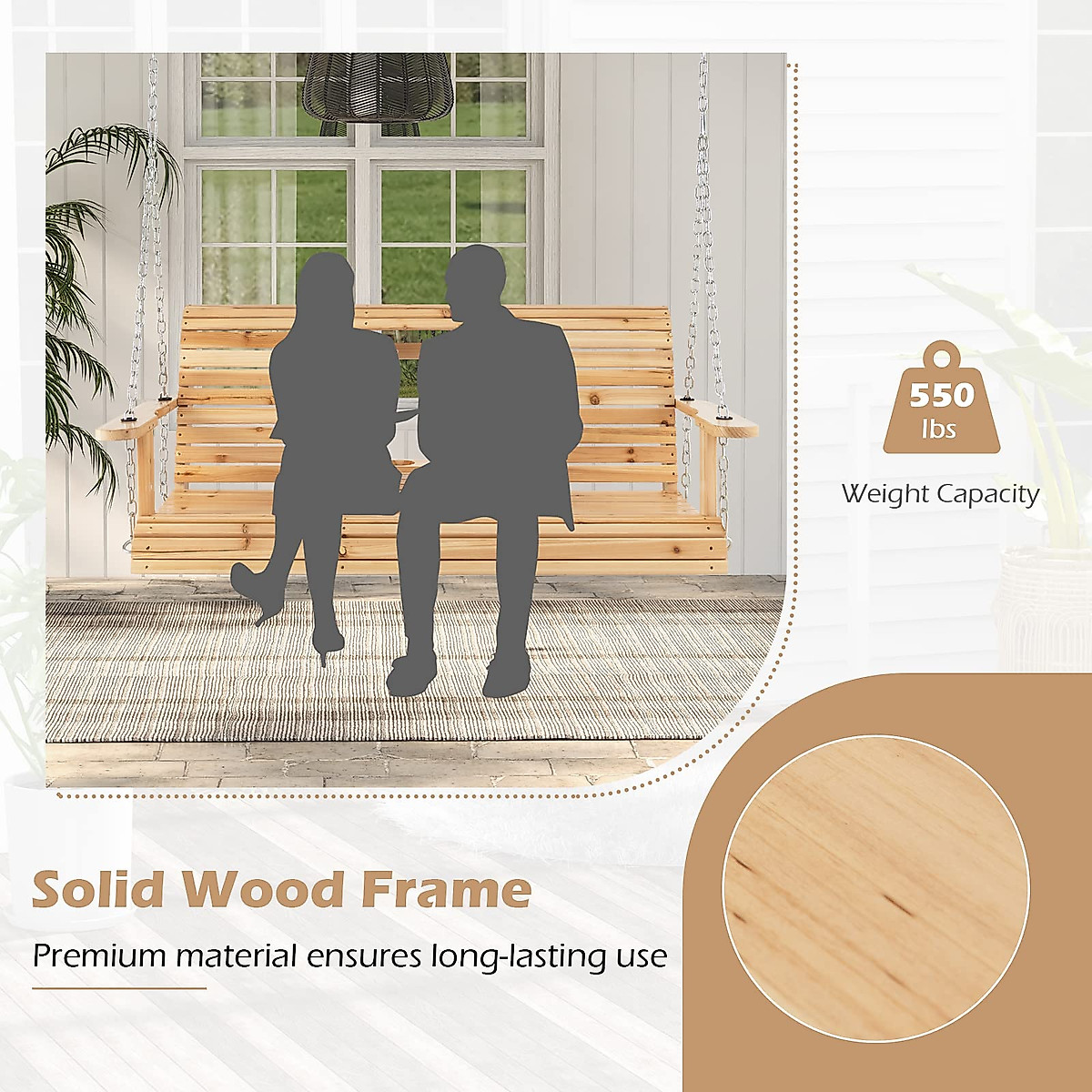 Giantex Outdoor Hanging Porch Swing - 2-Seat Wood Swing Bench with Folding Cup Holder and Sturdy Metal Hanging Chains, Outside Patio Swing Chair for Garden, Backyard, Poolside, Natural