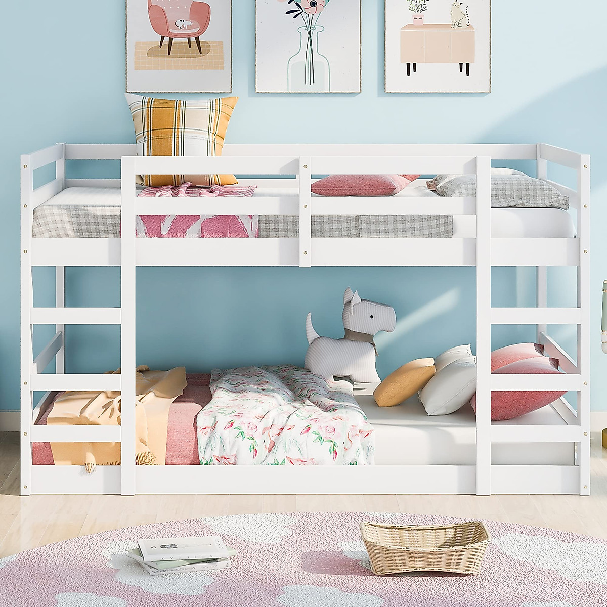 P PURLOVE Wood Low Bunk Bed Twin Over Twin Bunk Bed for Kids Low Loft Bed and Floor Bed for Kids Teens, Wood Slat Included, No Box Spring Need