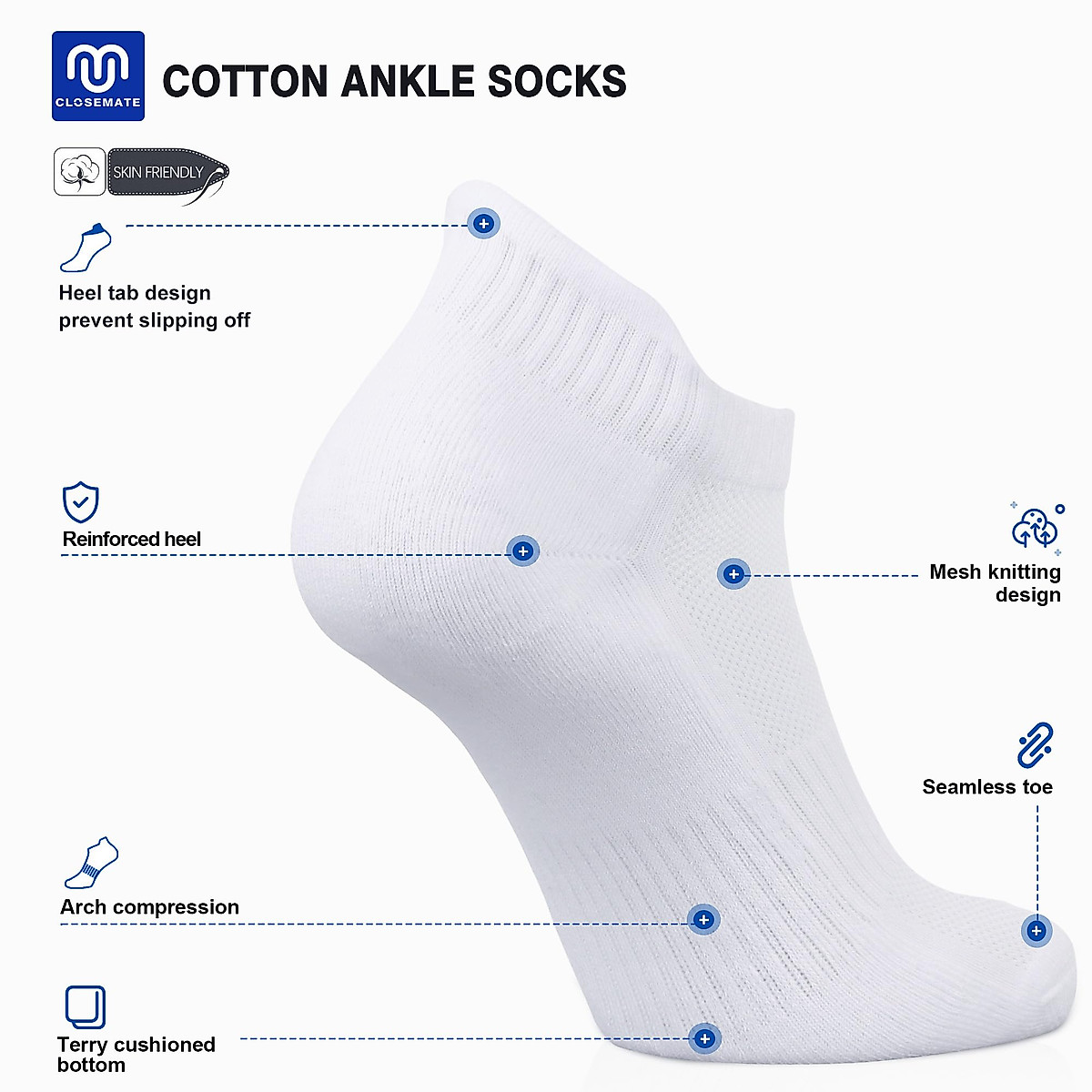 Closemate Ankle Athletic Running Socks 7 Pairs Low Cut Wicking Sport Cushion Tab Socks for Men and Women (7White, Size L)
