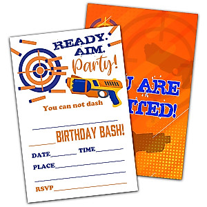 NYCTUG Blaster Gun Birthday Invitation(4" X 6"), Dart War Party Double-Sided Invites- 20 Invitations With Envelopes-Personalized Party Supplies-A26