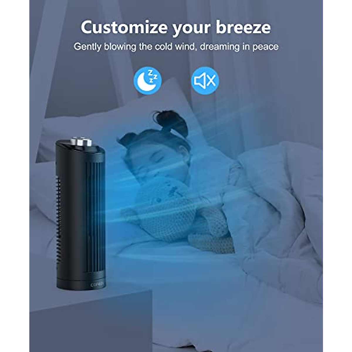 Cofeow Tower Fan, 2023 New Portable Electric Desk Fan, 70°Oscillating, 20ft/s Quiet Cooling, 13 Inch, Standing Table Fan with 3 Modes, Bladeless fan for Bedroom, for Office Desktop Deep Black