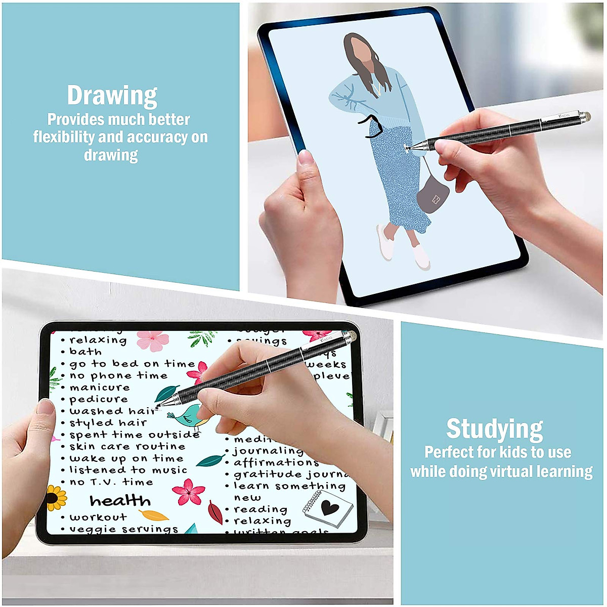 Yacig Capacitive Stylus Pen, 4-in-1 High Sensitivity and Precision Touch Screen Stylus Clear Disc Tip,Black Rubber Tip &Mesh Fiber Tip Compatible with Universal Touch Screen Device,Black