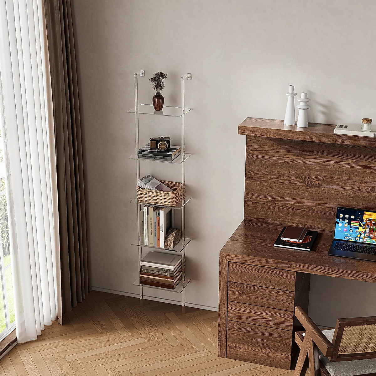 CRTERICX Small Acrylic Ladder Bookshelf, 9.5" D x 15.6" W, 5-Tier Clear Wall Mounted Book Shelf for Small Spaces, Multipurpose Bookcase for Living Room, Bathroom, Office, Modern, 73" H