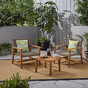 GDFStudioOutdoor 3 Piece Wood and Wicker Club Chairs and Side Table Set, Gray