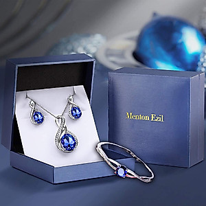 Menton Ezil Fashion Jewelry Charming Nobile Blue Sapphire Jewelry Set For Women 18K White Gold Plated Jewelry Set Bracelet Necklace and Earrings set with september birthstone(Sapphire Blue)