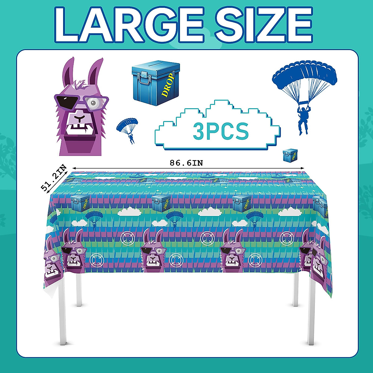 Haxpacal Llama Theme Party Tablecloth 3 PCS, Plastic Disposable Video Games Table Cover for Game Fans Birthday Party Decorations Supplies, 86.6 x 51.2in