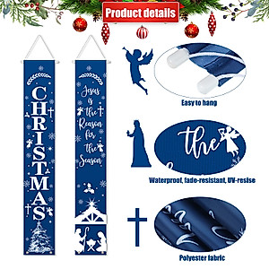 BBTO Pcs Christmas Nativity Scene Porch Sign Jesus Is The Reason for Season Banner Religious Holy Door Xmas Hanging Decorations Home Front 1BBTO x 7BBTO Inch, blue, white