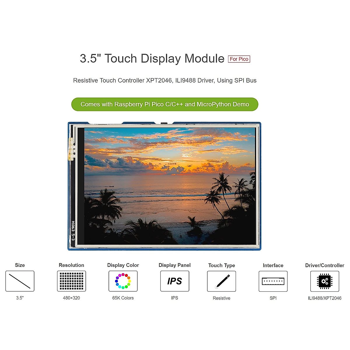 waveshare for Raspberry Pi Pico LCD 3.5inch Touch Display Module 480×320 Resolution 65K Colors Display IPS Screen,Resistive Touch Controller XPT2046, ILI9488 Driver, Using SPI Bus