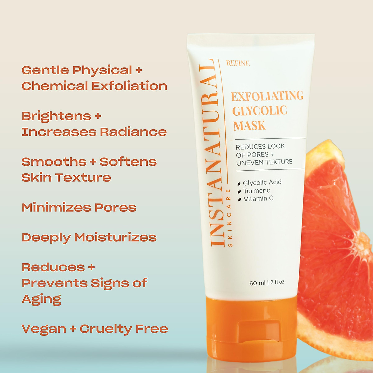 InstaNatural Exfoliating Glycolic Acid Face Mask for Women & Men, Gentle Exfoliator, Pore Minimizer, Anti Aging, Blackhead Remover, Acne Facial Treatment with Vitamin C and Turmeric, 2 Fl Oz