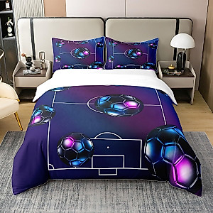 Feelyou Football Duvet Cover 100% Cotton Twin Size Rugby Sports Reversible Bedding Set for Ultra Soft Soccer Ball Game Comforter Cover Set Blue Purple Bedspread Cover Room Decor Bedclothes Zipper