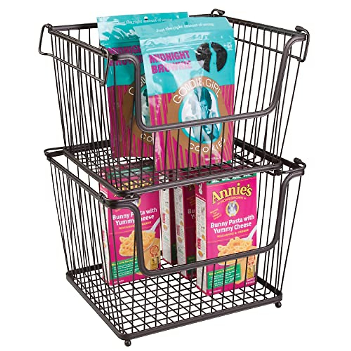 mDesign Stackable Metal Basket for Kitchen Storage - Large Wire Farmhouse Bin Basket w/Handles for Pantry - Stacking Wire Basket Organizer for Food, Drinks - Hyde Collection, 3 Pack, Bronze