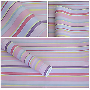 PoetryHome Self Adhesive Vinyl Seven Colors Stripe Peel & Stick Wallpaper Shelf Liner for Walls Nursery Girls Bedroom Cabinets Dresser Drawer Furniture Decal Removable Waterproof 17.7x117 Inche