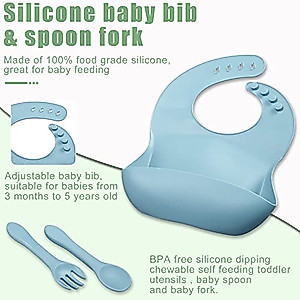 3 Sets Baby Led Weaning Supplies, Silicone Baby Feeding Set with Divided Plate Adjustable Bib Suction Bowl with Lid Snack Cup Soft Spoon Fork, Self Eating Utensil (Light Blue, Light Green, Light Gray)