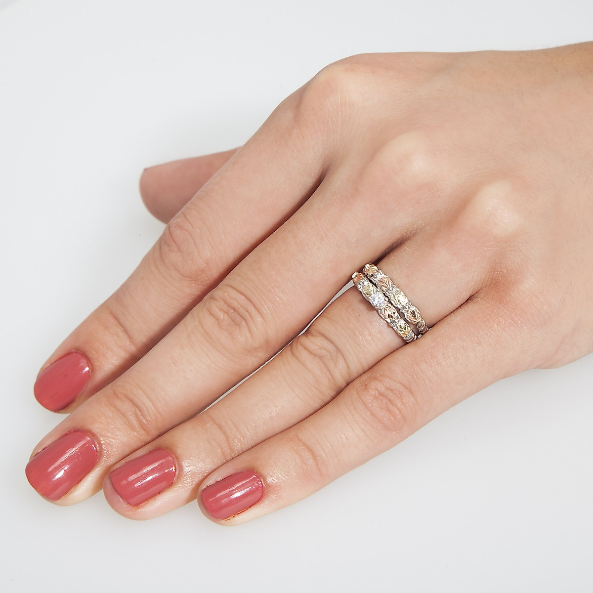 CZ Wedding and Engagement Ring Set, Sterling Silver, 12k Green and Rose Gold Black Hills Gold Motif, Size 9