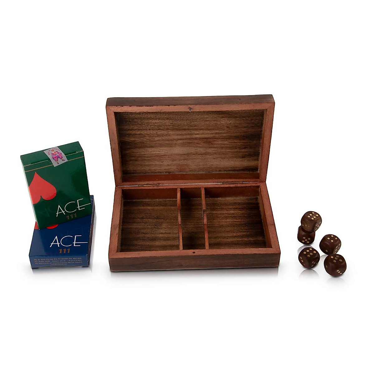 Birthday Gift Ideas Handcrafted Classic Wooden Playing Card Holder Deck Box Storage Case Organizer With Dice & Two Packs of Premium Quality 'Ace' Playing Cards For Men Women