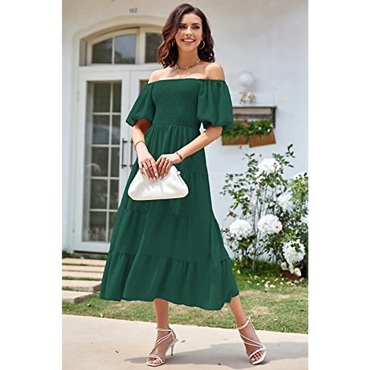 ROYAL MATRIX Women's Summer Short Puffy Sleeve Midi Dress Square Neck Smocked Flowy Tiered Beach Dress Flowy A Line Dress (Dark Green, Medium)