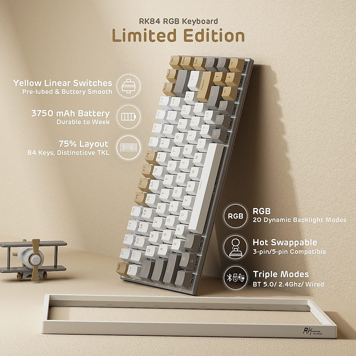 RK ROYAL KLUDGE RK84 RGB Limited Ed, 75% Triple Mode BT5.0/2.4G/USB-C Hot Swappable Mechanical Keyboard, 84 Keys Wireless Gaming Keyboard, RK Yellow Switch, Macchiato White
