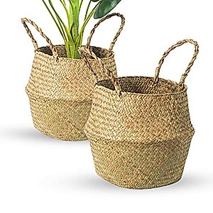 BrilliantJo Seagrass Belly Basket, Set of 2 Woven Plant Pot Holder handmade Home Decor for Storage Plants Picnic Grocery Medium(10.63 x 9.44 inch)