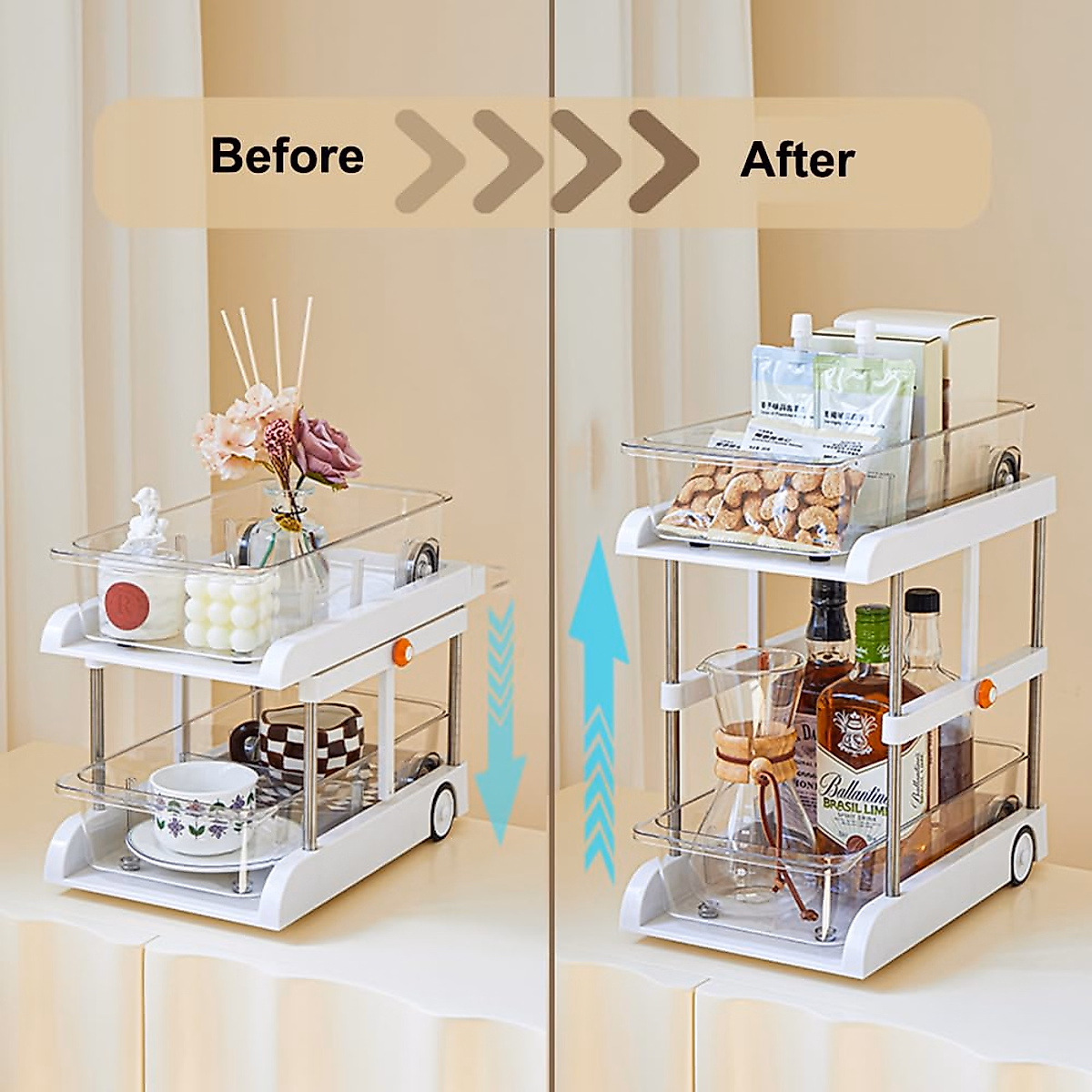 XIYAO 2 Tier Clear Organizer with Dividers and Wheels, Adjustable Under Sink Bathroom Closet organizer and Storage,Pull Out Medicine Cabinet organizer, Kitchen Pantry organizers and storage.