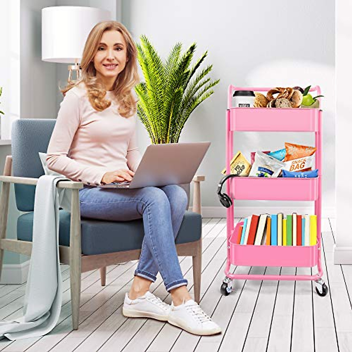 Homchwell Metal 3 Tier Utility Cart, Mesh Rolling Cart Organizer with Handle & Lockable Wheels, Multi-Functional Rolling Storage Cart for Kitchen, Bathroom, Living Room and Office