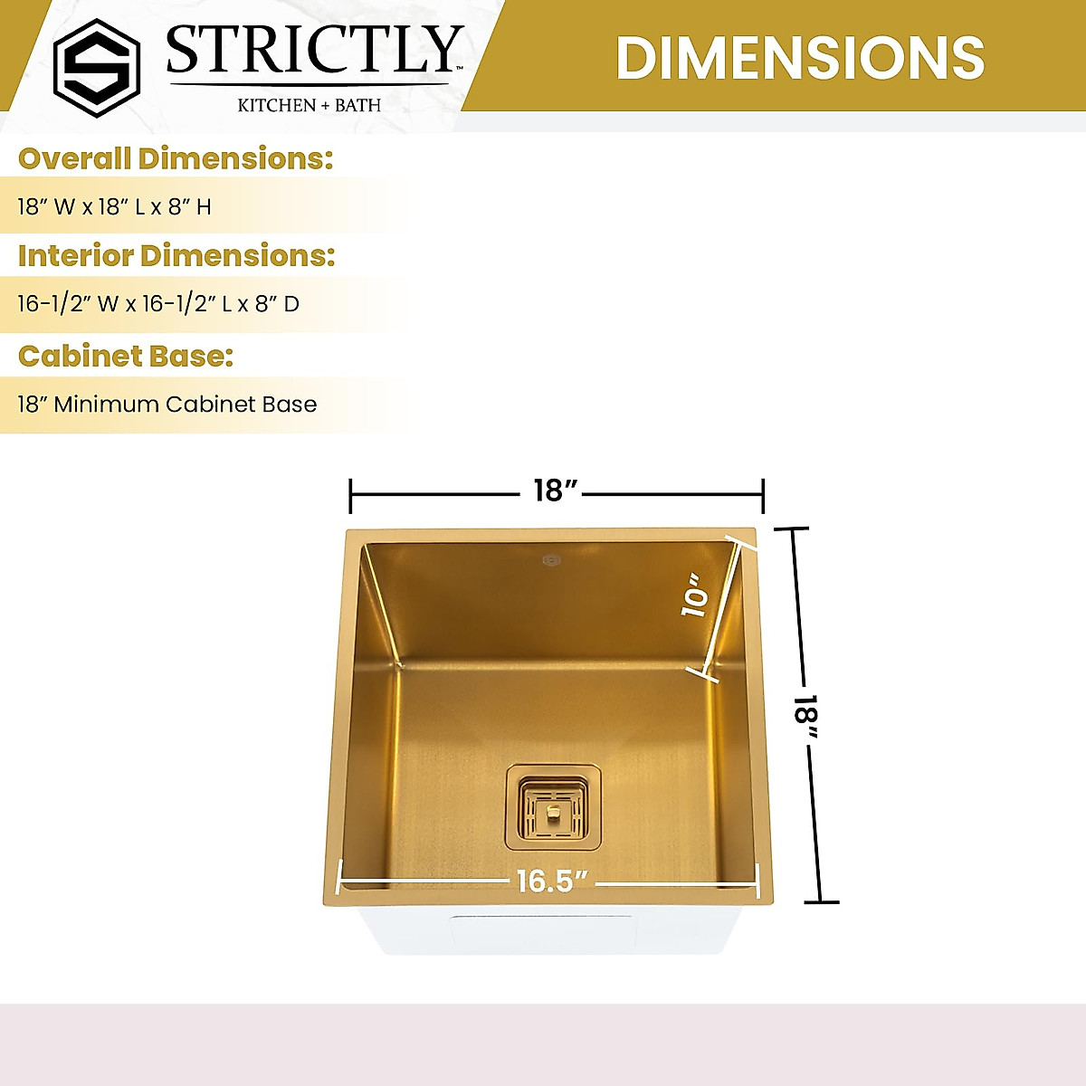 Strictly Sinks Undermount Bar Prep Sink – 18 Inch 16 Gauge Embossed Leather Texture Gold Wet Bar Prep Kitchen Sink with Bottom Grid and 1 Square Strainer Drain