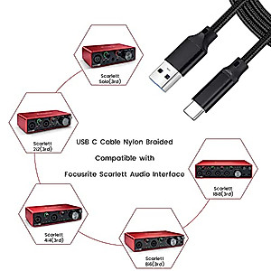 USB C Cable Replacement for Focusrite Scarlett Solo(3rd Gen), Scarlett 2i2(3rd Gen) Audio Interface, with USB C Male to USB Female Adapter, Nylon Braided, 6.6 ft