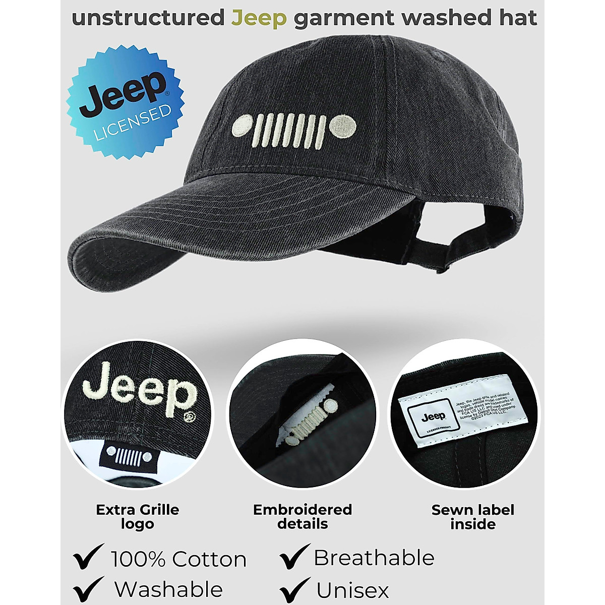 Jeep Grille Logo Garment Washed Hat Black