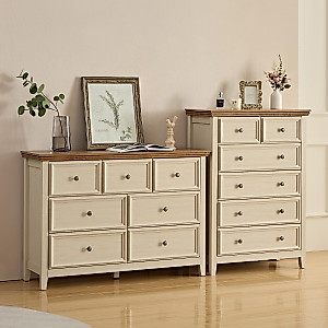 BLANKSPACE 7 Drawer Dresser, Modern Farmhouse Dresser Chest of Drawer for Bedroom, Chest of Drawers Storage Cabinet for Living Room, Entryway, Hallway, Beige