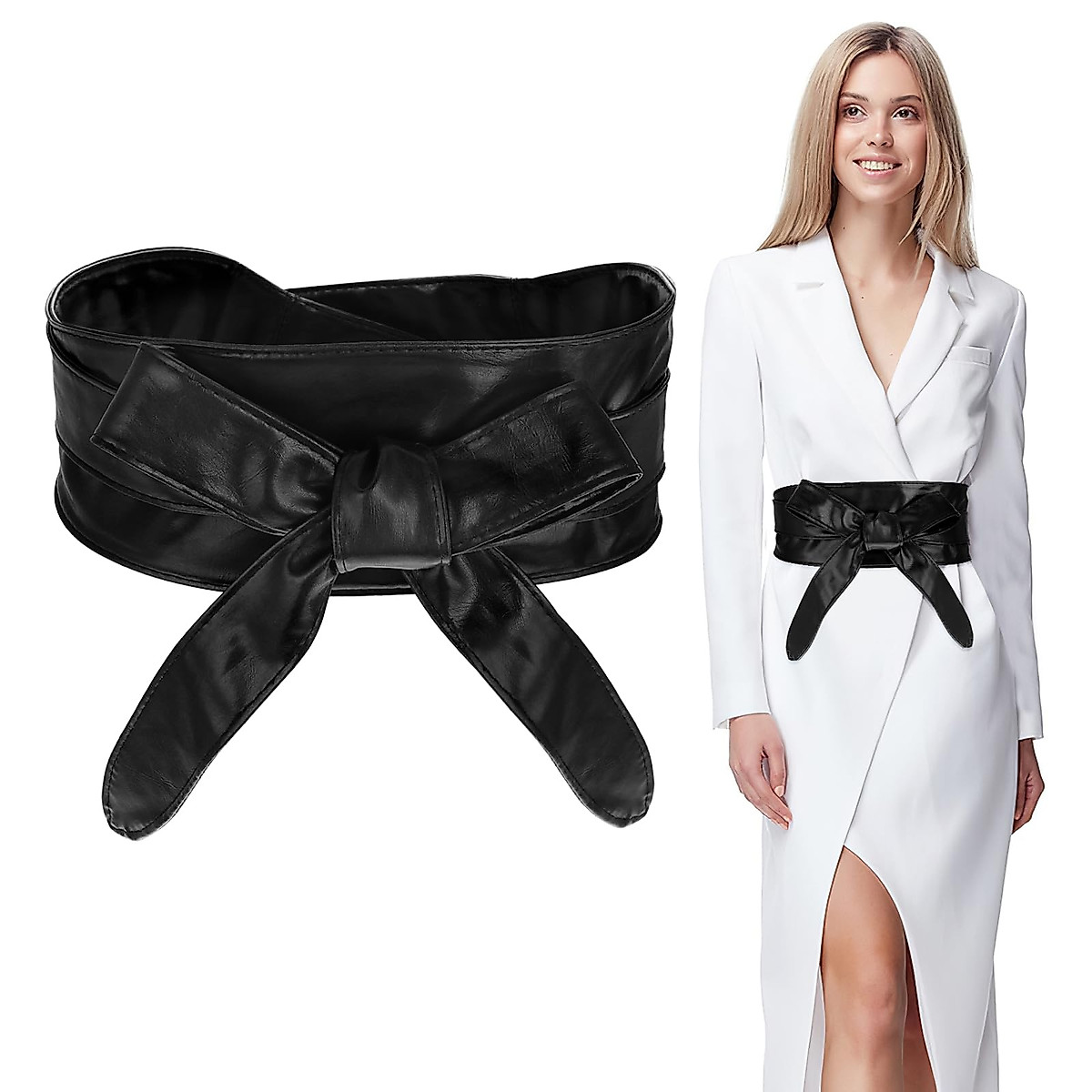 Bewudy Women Obi Belt for Women Fashion, PU Leather Wrap Wide Cinch Belt for Dress, Waistband Waist Corset Belt for Ladies (L: Fits Waist 38"-44")