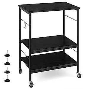 Microwave Stand 3 Tier Kitchen Cart with Storage on Wheels Small Bakers Rack Black Coffee Bar Cart with 10 Hooks Modern Nightstand End Table for Living Room Bedroom Kitchen Organization