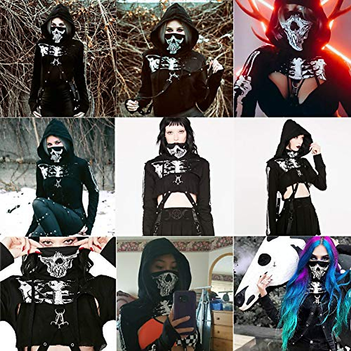 JUMISEE Women Goth Skeleton Hoodie Crop Top Iron Chain Long Sleeve Hooded Pullover Sweatshirt for Halloween Rave Festival Black