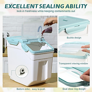 Sunnyray 4 Pcs 55 lbs Grain Rice Storage Container Blue Flour Bin with Wheels Cup Leak Proof Pet Food Storage Boxes Seal Locking Lid Plastic Rice Containers Set for Cereal Flour Cat Dog Food Kitchen