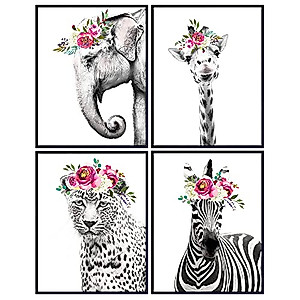 Jungle Animals Floral Watercolor Wall Art Print 4 Posters Set - Home Decor for Girls, Teens or Kids Room, Baby Bedroom, Nursery - Great Shower Gift - 8x10 Unframed - Giraffe, Zebra, Elephant, Leopard