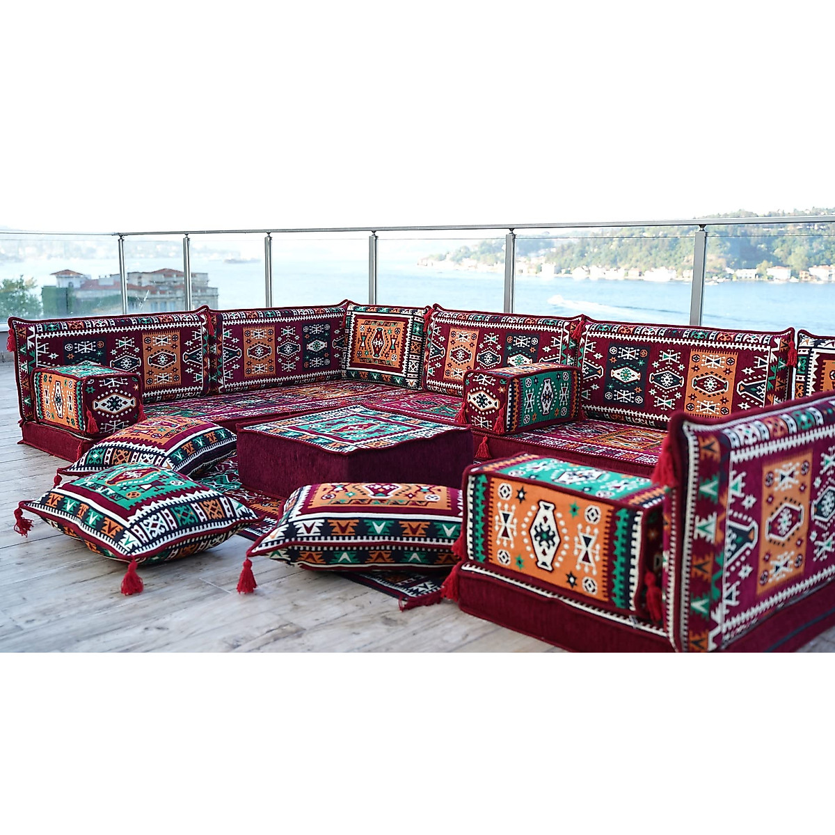 Premium U Shaped Arabic Sofa Set, Maroon Floor Cushions, Arabic Seating Floor Sofa, Backrests, Moroccan Sofas, Arabic Majlis (U Sofa Full Set)