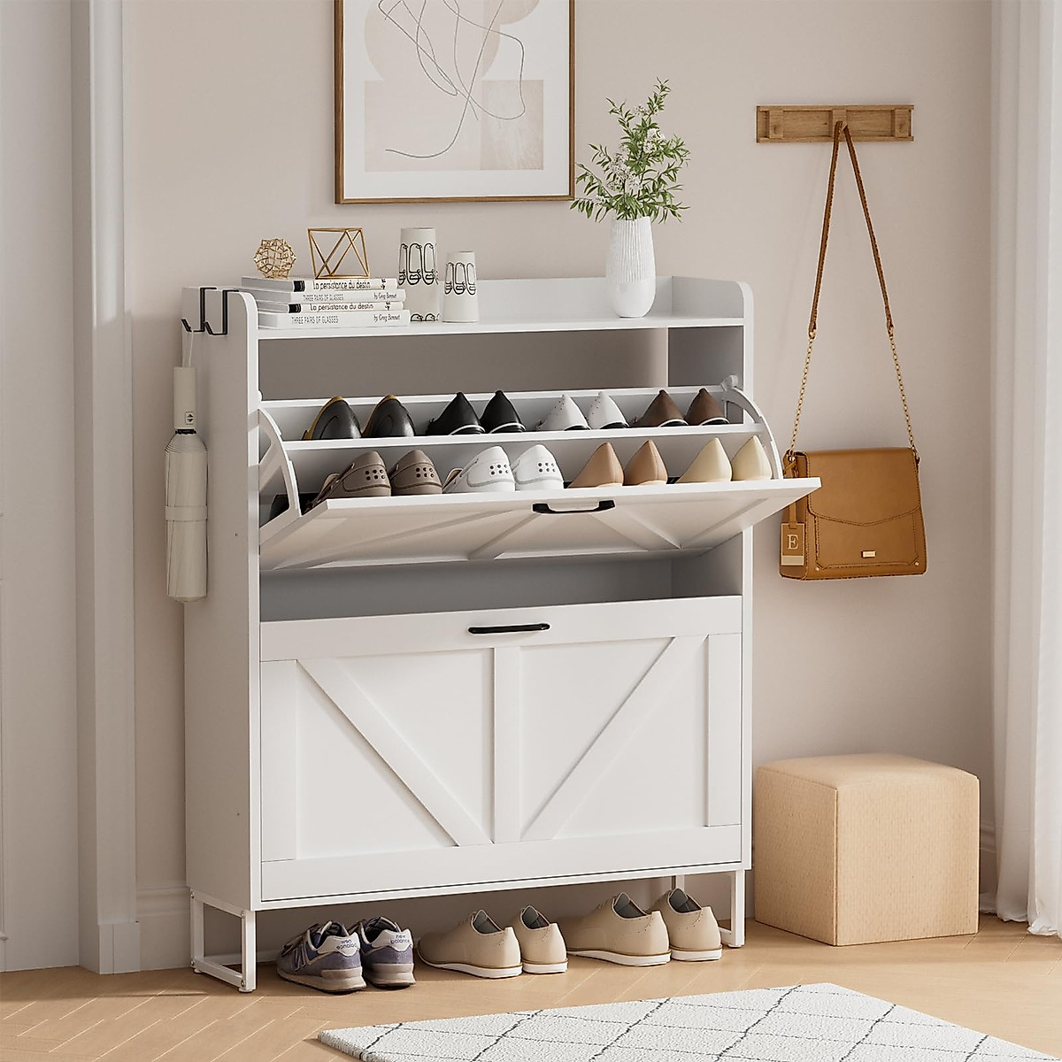 EOYUTLLY Shoe Cabinet Storage for Entryway, Narrow Shoe Rack Cabinet with 2 Flip Drawers, Freestanding Hidden Shoe Rack Storage Organizer, White with Metal Legs