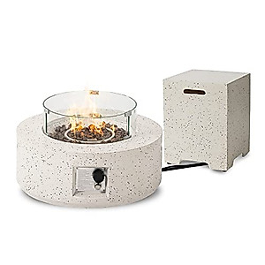 SUNBURY Outdoor 28 Inch Propane Fire Pit Table, Round Fire Table w Tank Table, 40,000 BTU Spotted White Patio Gas Fire Table w Tempered Glass Wind Guard, Waterproof Cover