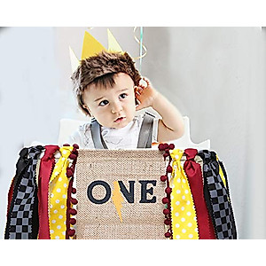 WAOUH Lightning Banner For 1st Birthday - High Chair Banner For First Birthday Decorations, Rag Tie Fabric Garland, Photo Booth Props, Birthday Souvenir And Gifts(Yellow Red And Black)