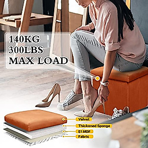 ACEHOME Storage Ottoman Cube, Small Ottoman with Storage, 12 Inch Velvet Tufted Folding Square Storage Ottoman, Small Footstool Rest Padded Seat, Orange