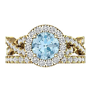 Clara Pucci 2.40ct Round Cut Laser Engraving Halo Natural Sky Blue Topaz Engagement Bridal Wedding Ring Band set 18K Yellow Gold Size 6